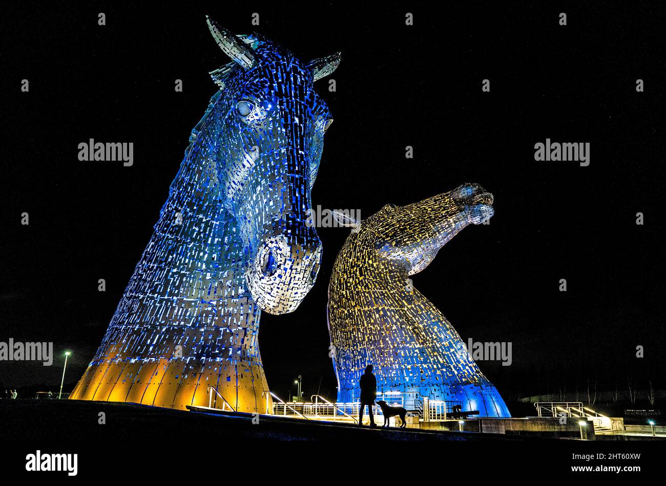 The Kelpies at Falkirk are illuminated in the colours of the Ukraine ...