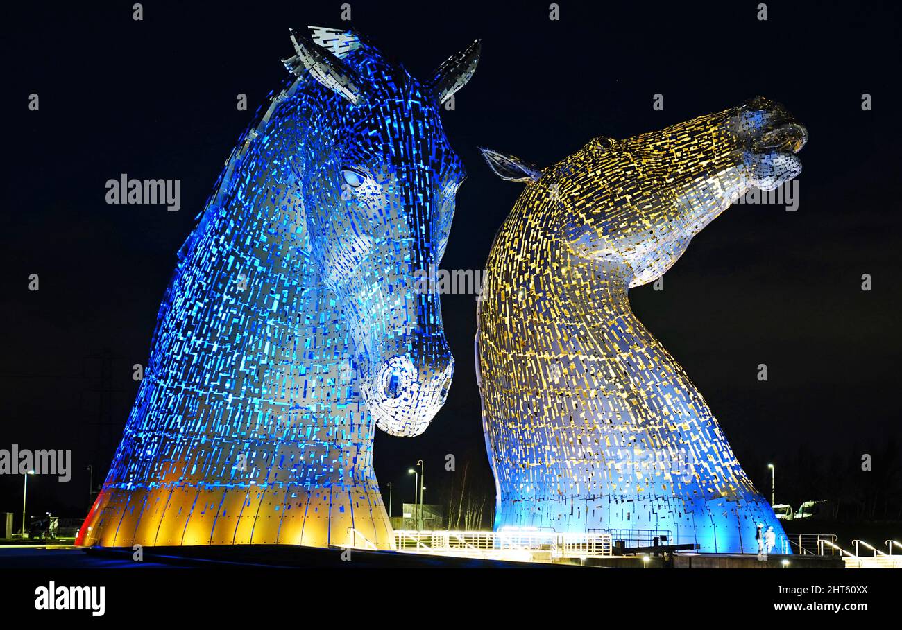 The Kelpies at Falkirk are illuminated in the colours of the Ukraine ...