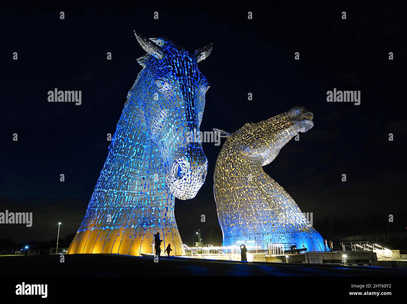 The Kelpies at Falkirk are illuminated in the colours of the Ukraine ...