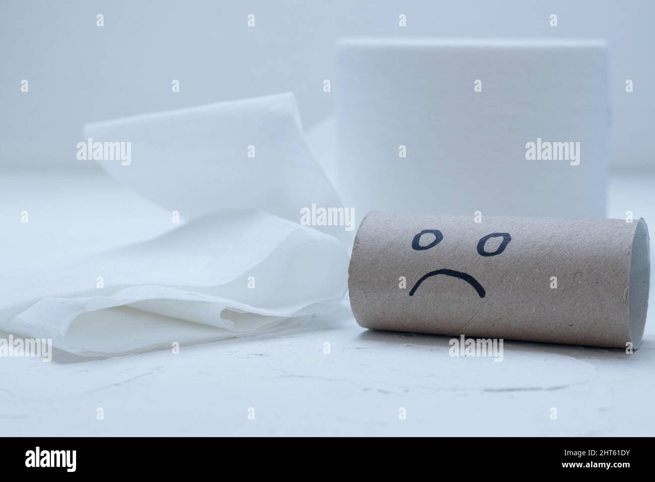 Toilet paper cardboard with a sad smiley drawing Stock Photo - Alamy