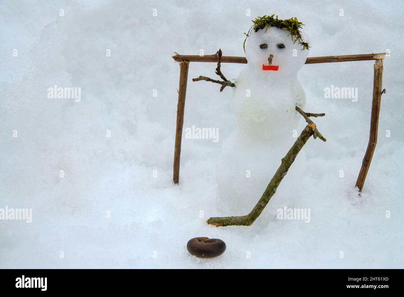 Little snowman as the goalie of the hockey team. Winter sports and ...