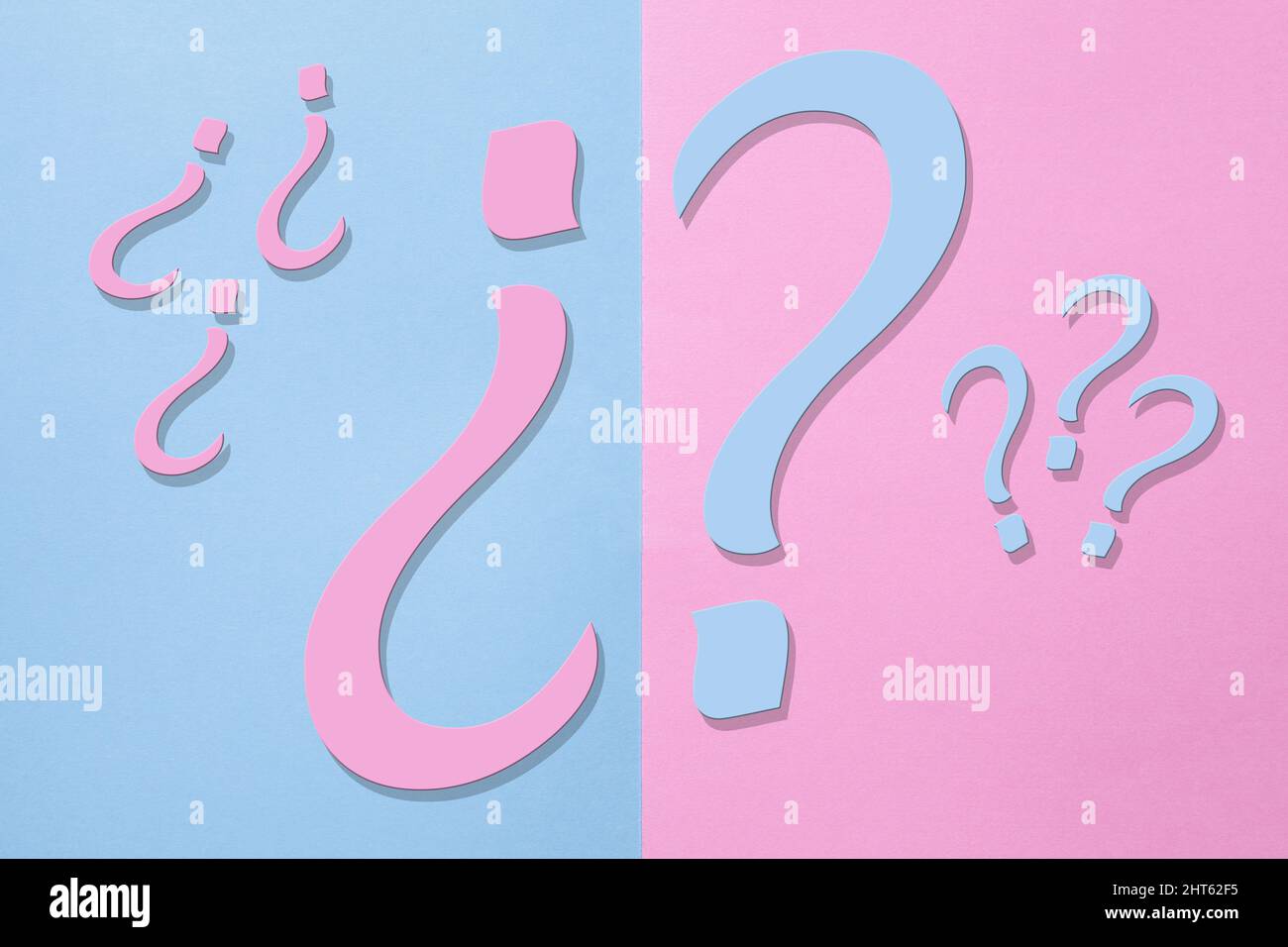 Top view of group of question marks on pink and blue background Stock ...