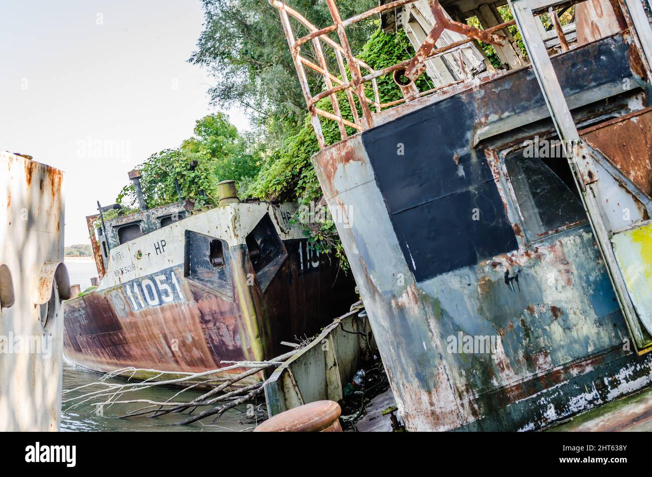 Stranded Old abandoned tanker wreck on the banksof the Danube River in ...