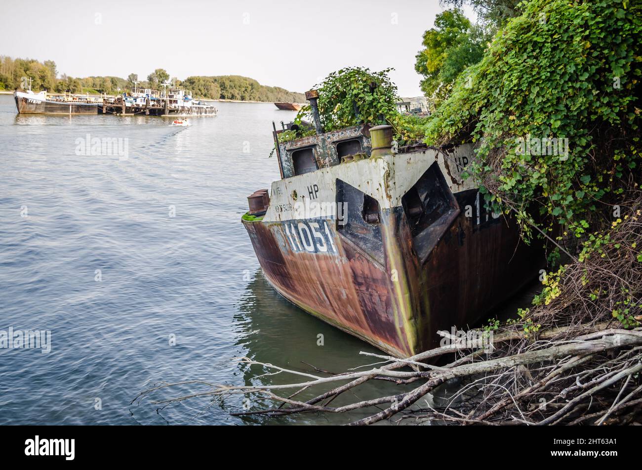 Stranded Old abandoned tanker wreck on the banksof the Danube River in ...