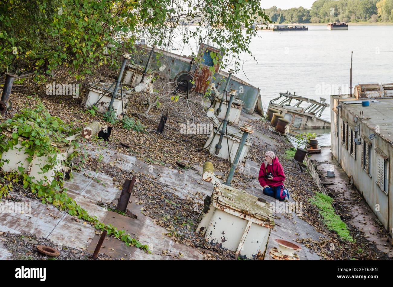 Stranded Old abandoned tanker wreck on the banksof the Danube River in ...