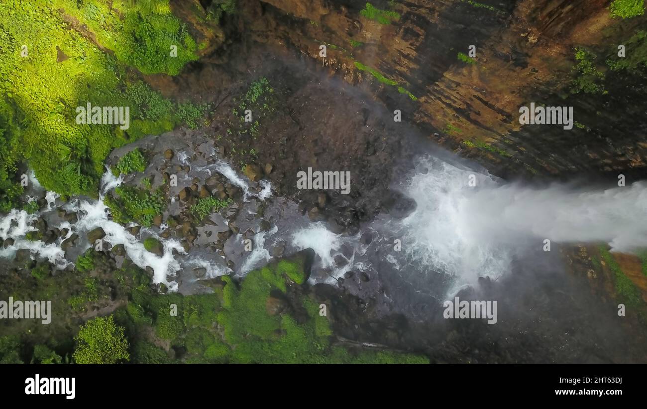 Waterfall top down view. Top view of the stream, water flows over the ...