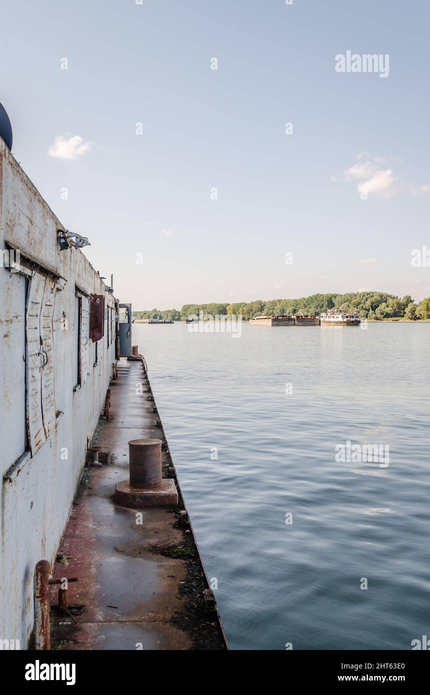 Stranded Old abandoned tanker wreck on the banksof the Danube River in ...