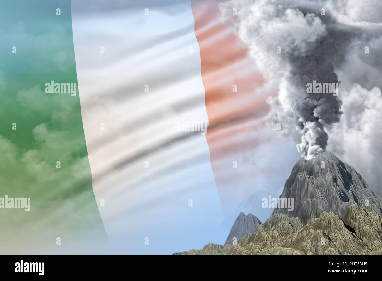 big volcano blast eruption at day time with white smoke on Ireland flag ...