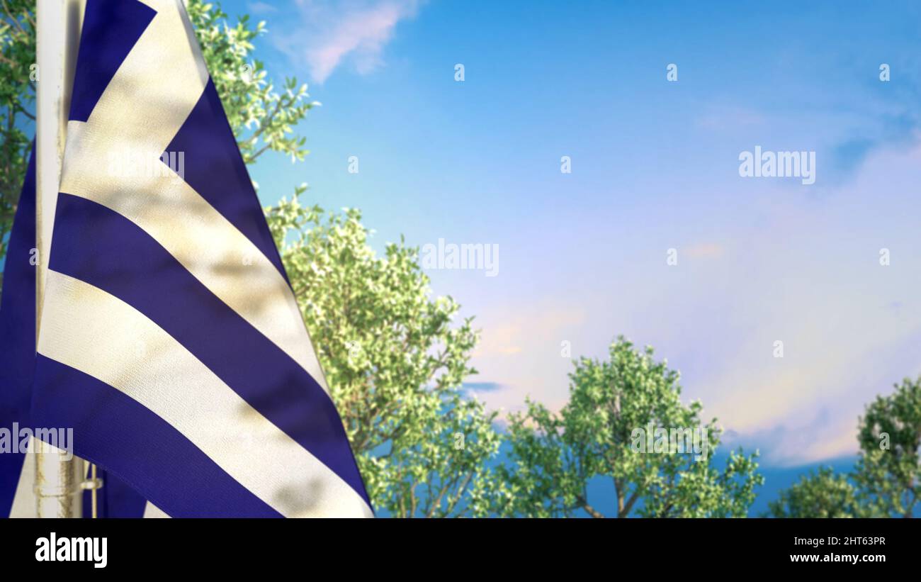 Greece hanging flag with trees and sky for national holiday - object 3D ...