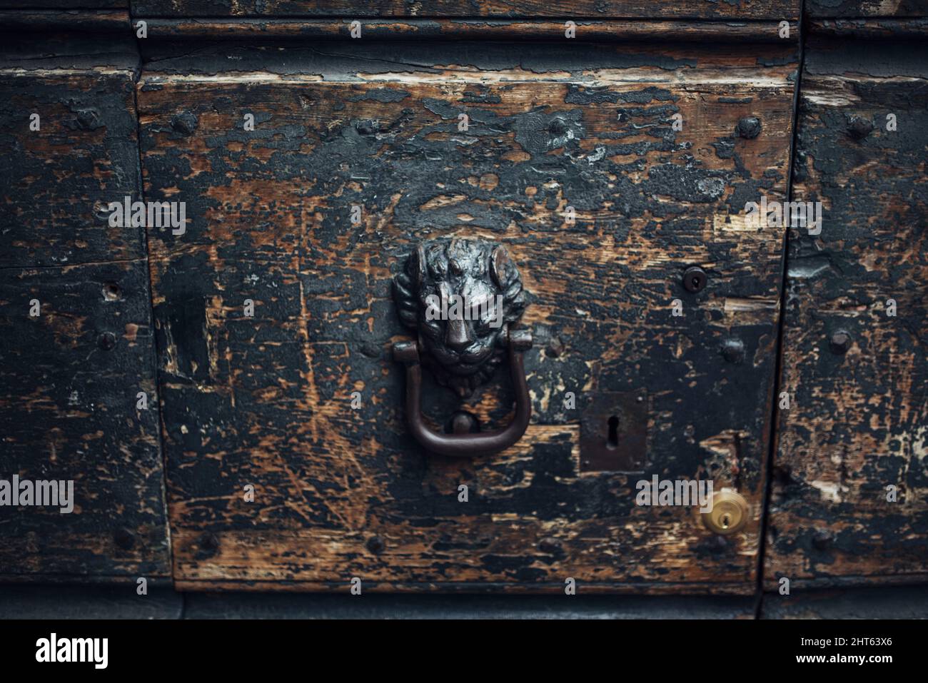 Old, rusty box with cracked texture and an antique handle with a lion ...