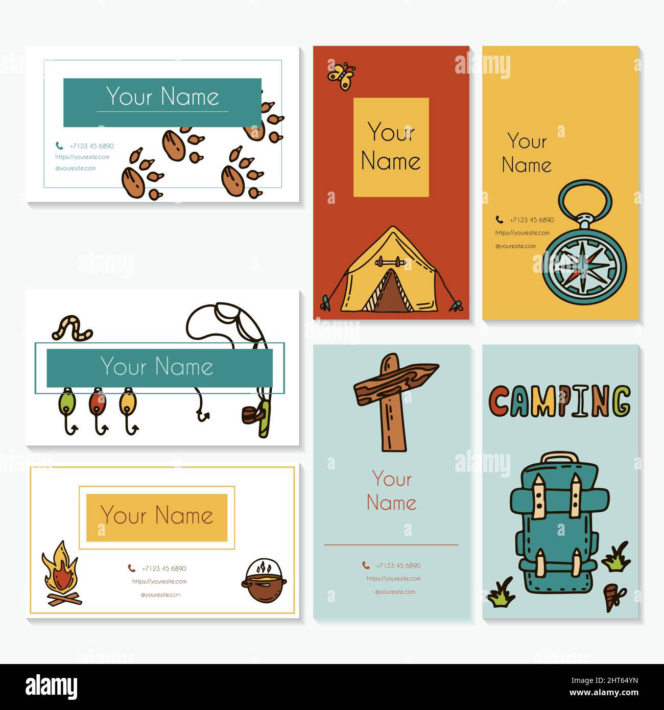 Doodle vector camping business cards. Sketch hiking Icons.Hand draw ...