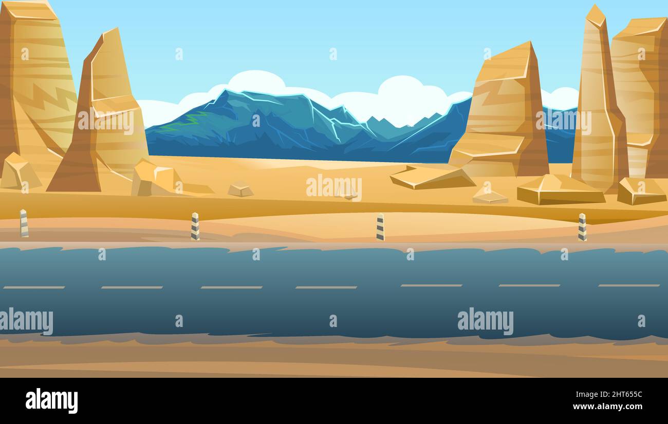 Desert road. Rocky sharp mountains and cliffs in distance. Landscape of ...
