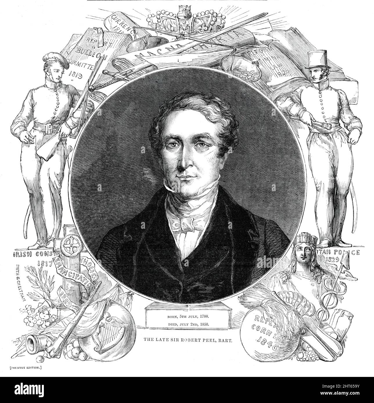 The late Sir Robert Peel, Bart., 1850. Portrait of British ...