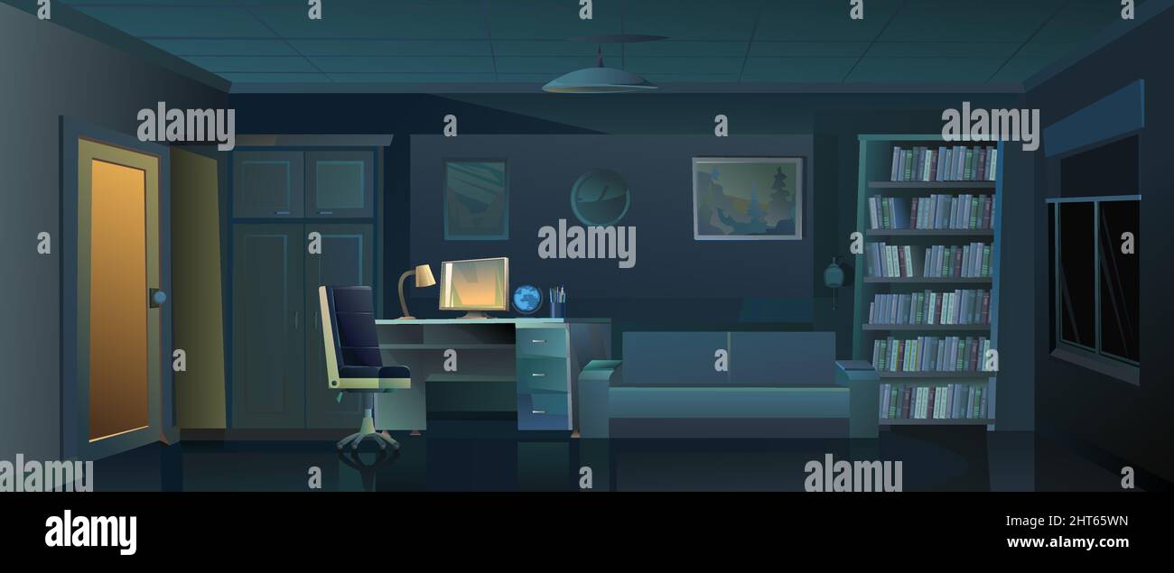 Office for work and study in nighttime. Work desk with armchair and PC ...