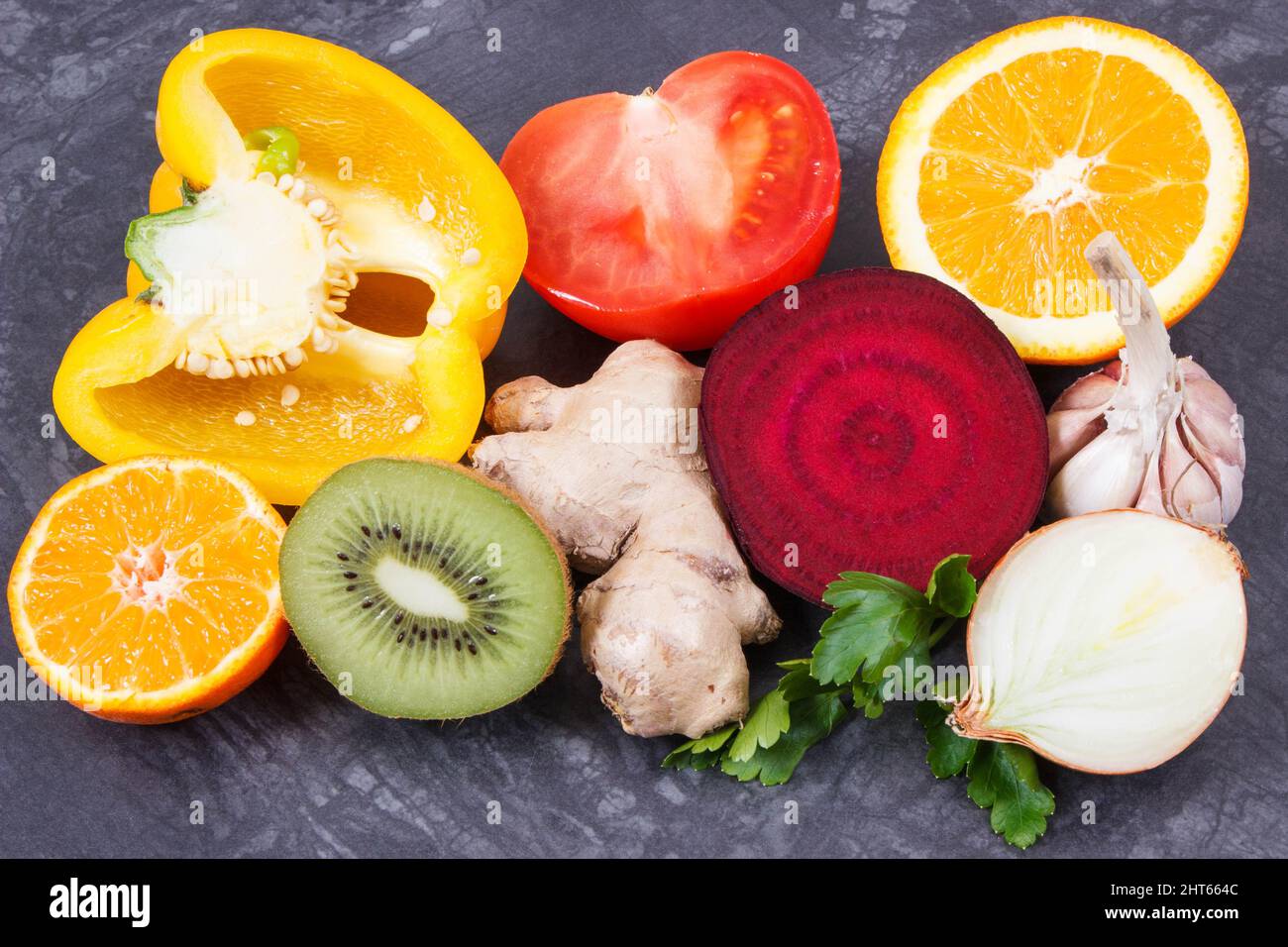 Fresh fruits and vegetables containing healthy vitamins, minerals and ...