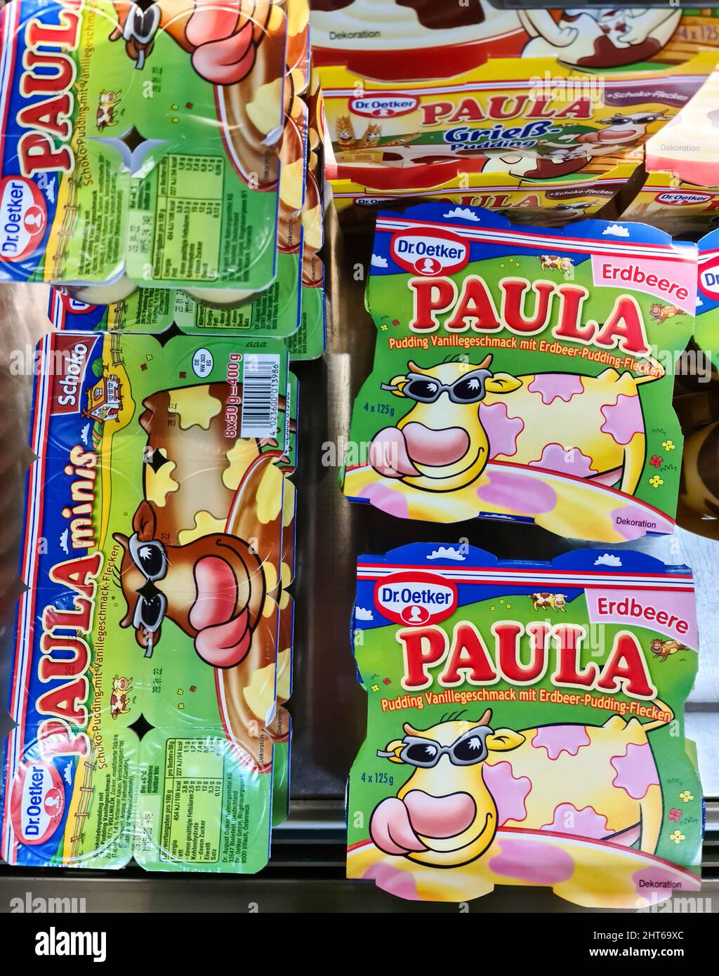 Top view of Packaging of vanilla pudding with the name Paula on a sales ...