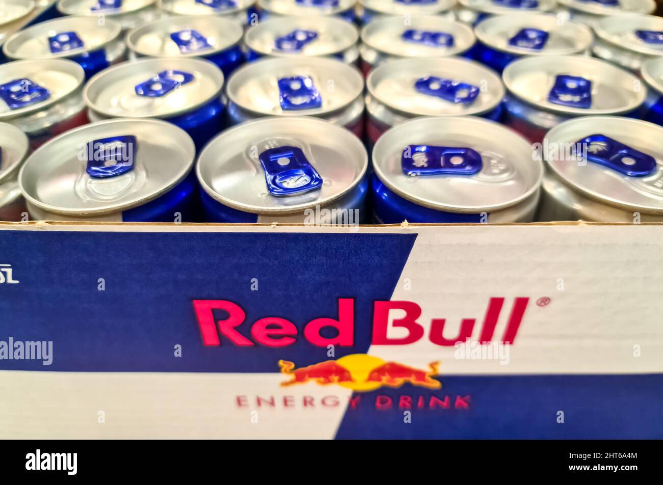 Selective focus of a range of the Red Bull brand energy drink Stock ...