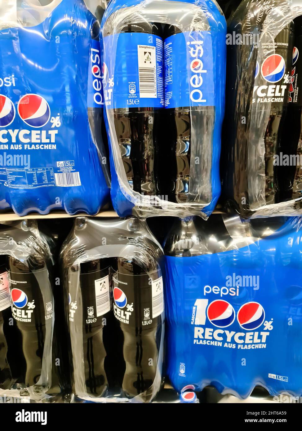 Closeup of A pallet of plastic bottles of Pepsi brand cola in a ...