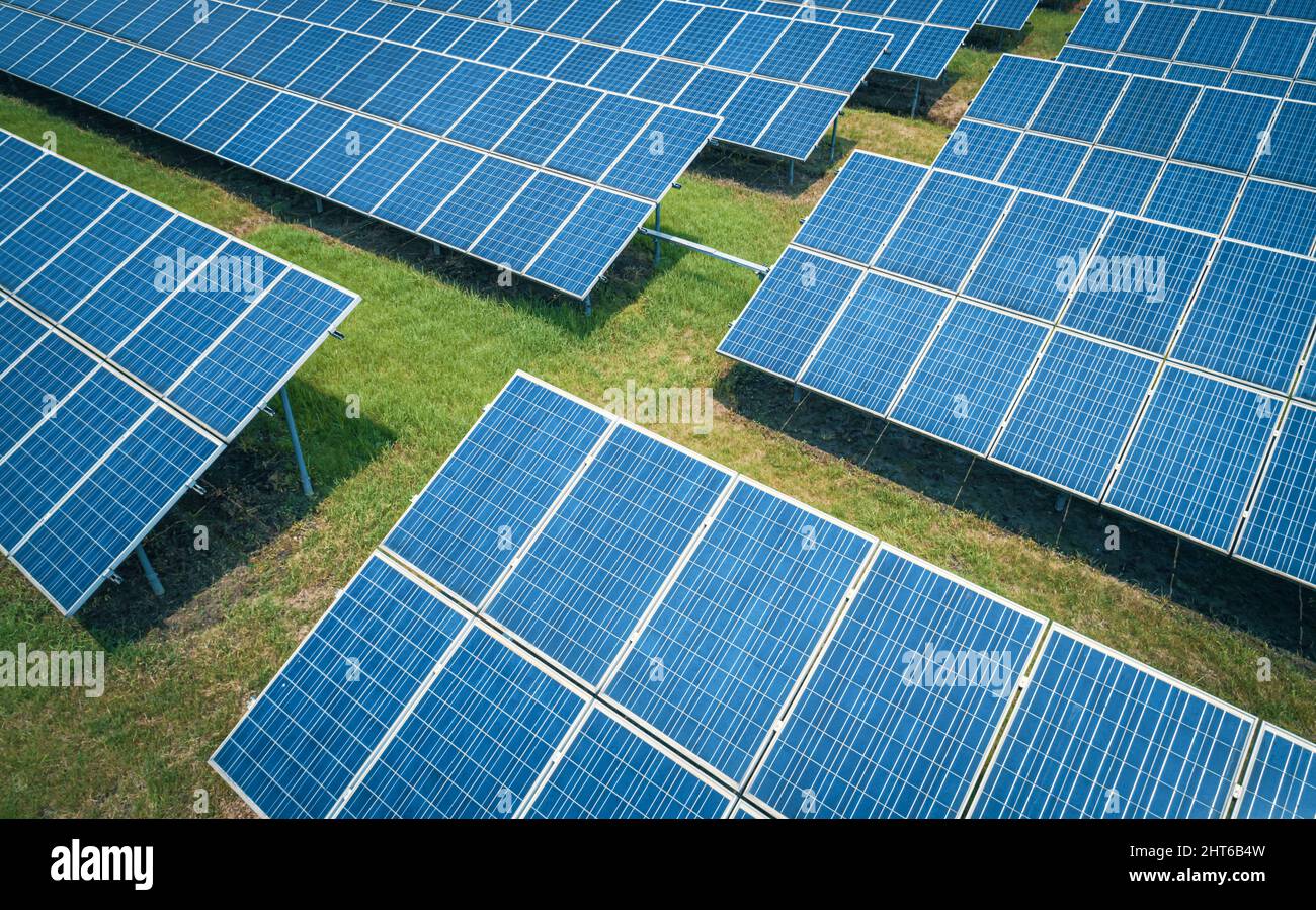 Aerial shot of solar panels farm on the green field. Renewable ...