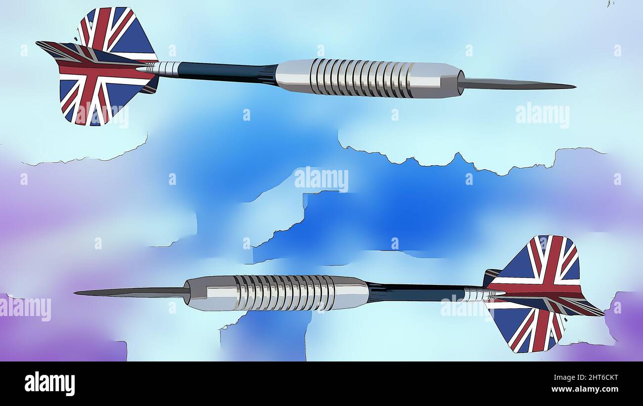 Illustration of flying darts with British flag on the cylinder against ...