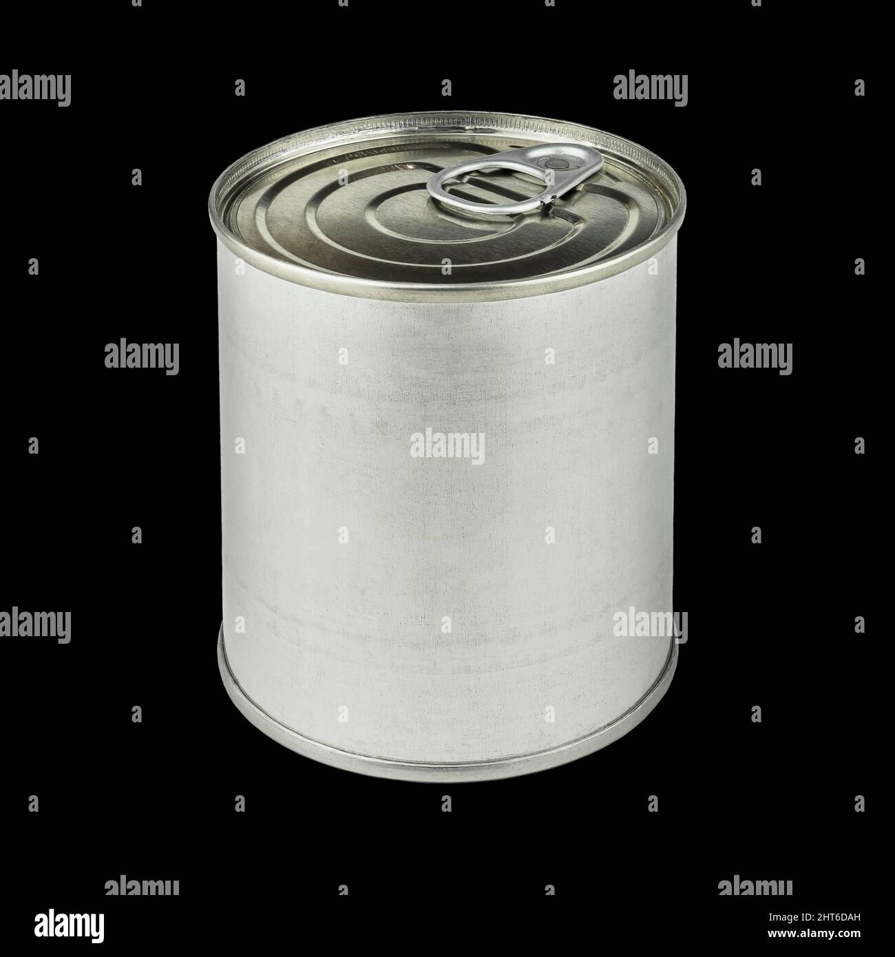 Can, with no label, isolated on a black background. Tin can for canned ...