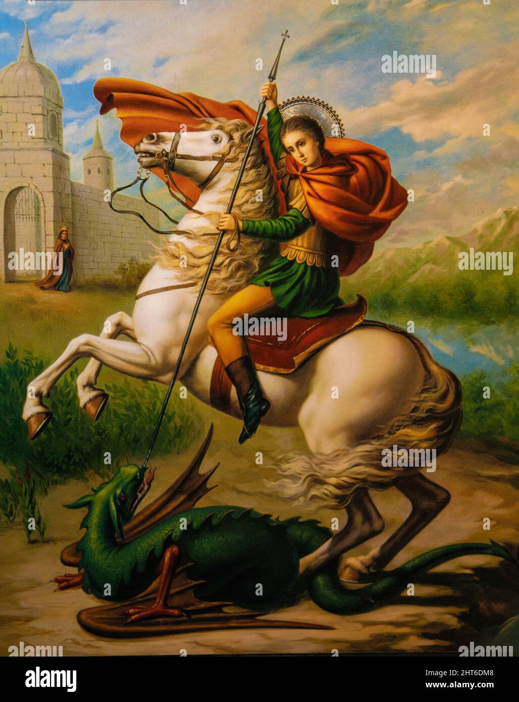 Icon depicting the biblical scene of Saint George killing the dragon in ...
