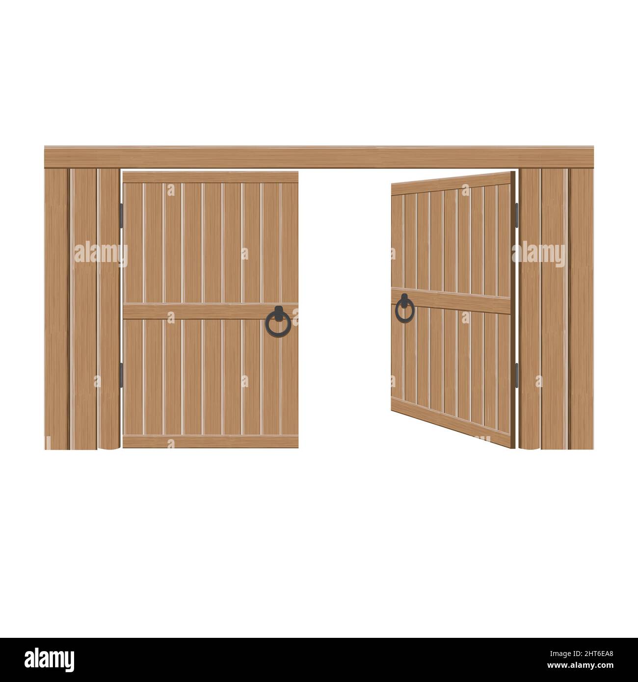 Old wooden massive open gates, vector illustration. Double door with ...
