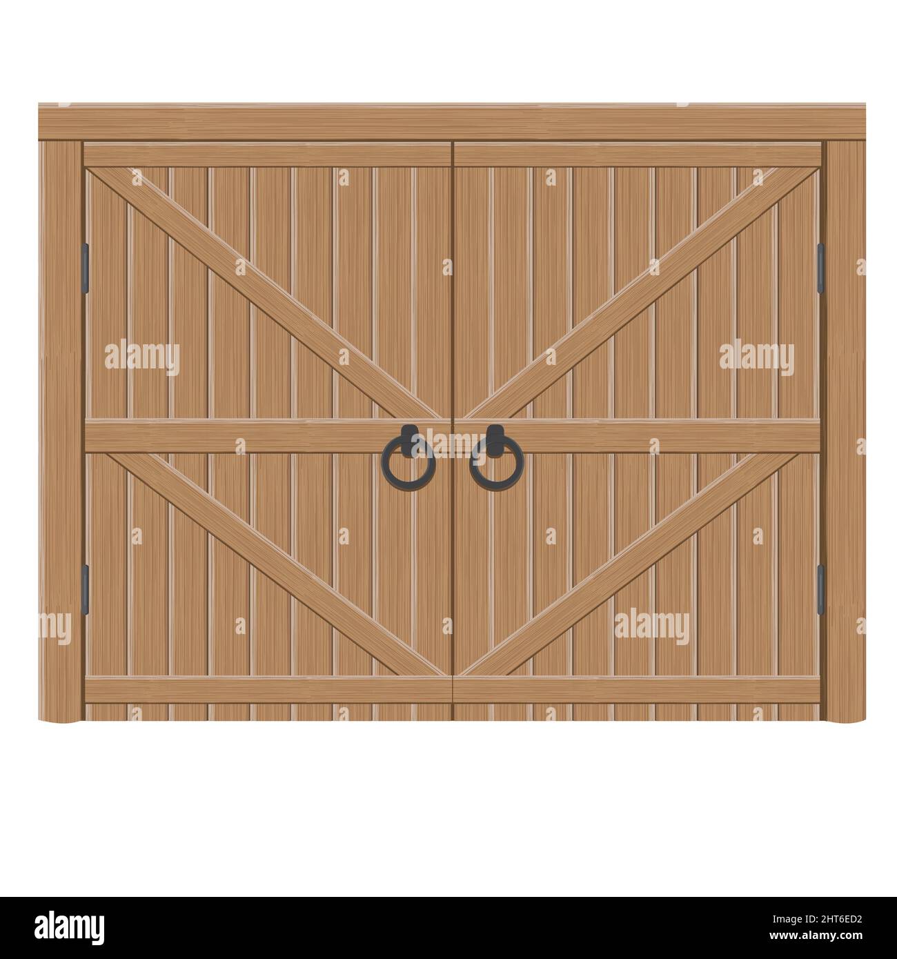 Old wooden massive closed gates, vector illustration. Double door with ...