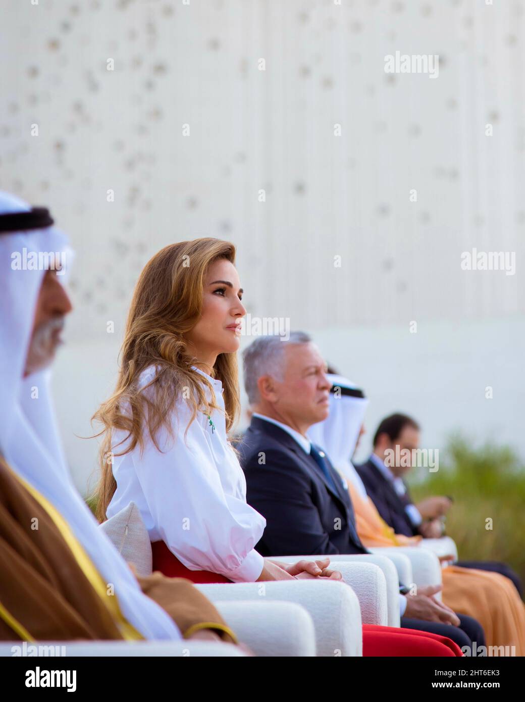 King Abdullah II and Queen Rania of Jordan in Abu Dhabi, on February 26, 2022, to receive ...