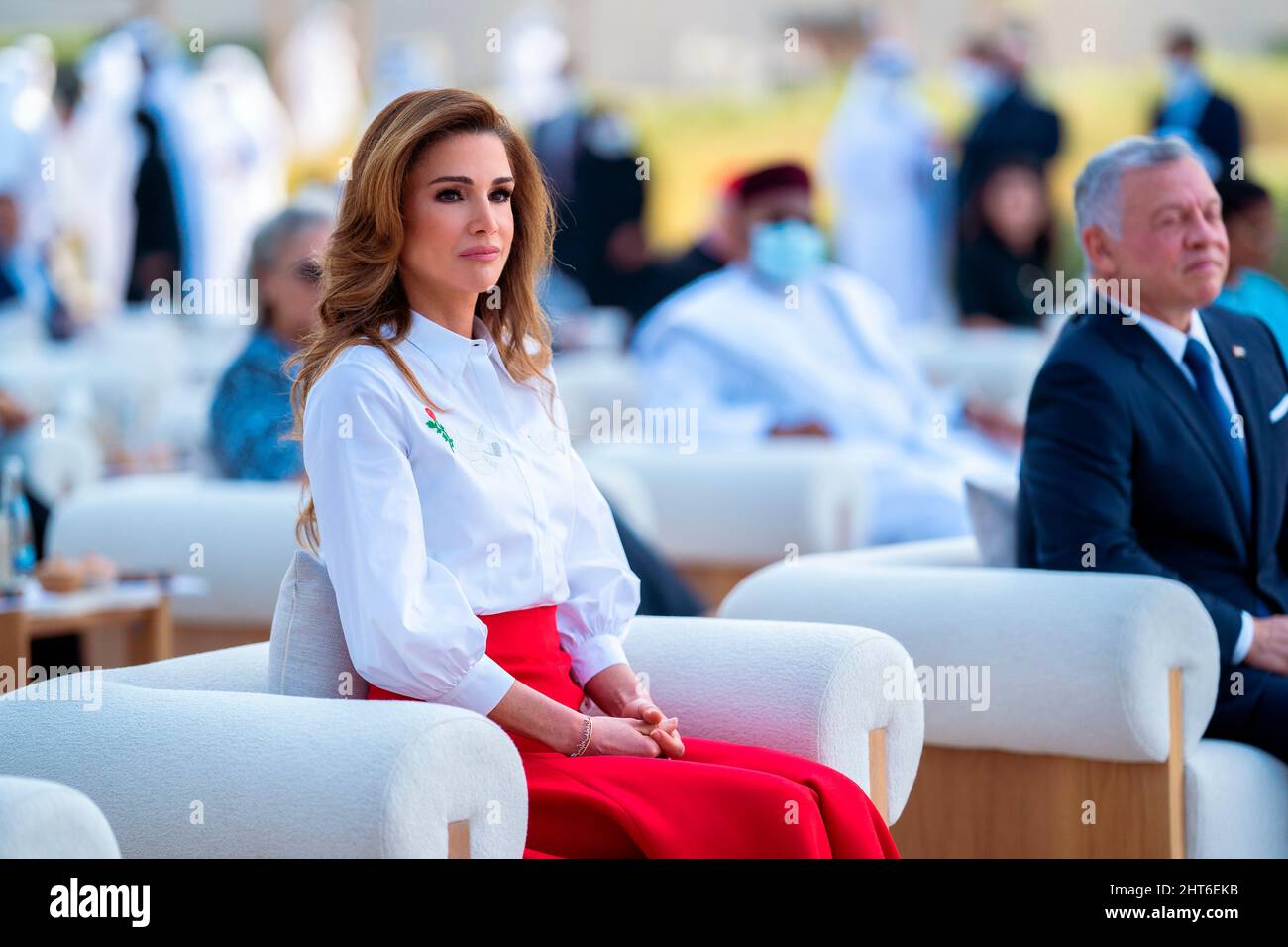 King Abdullah II and Queen Rania of Jordan in Abu Dhabi, on February 26, 2022, to receive ...