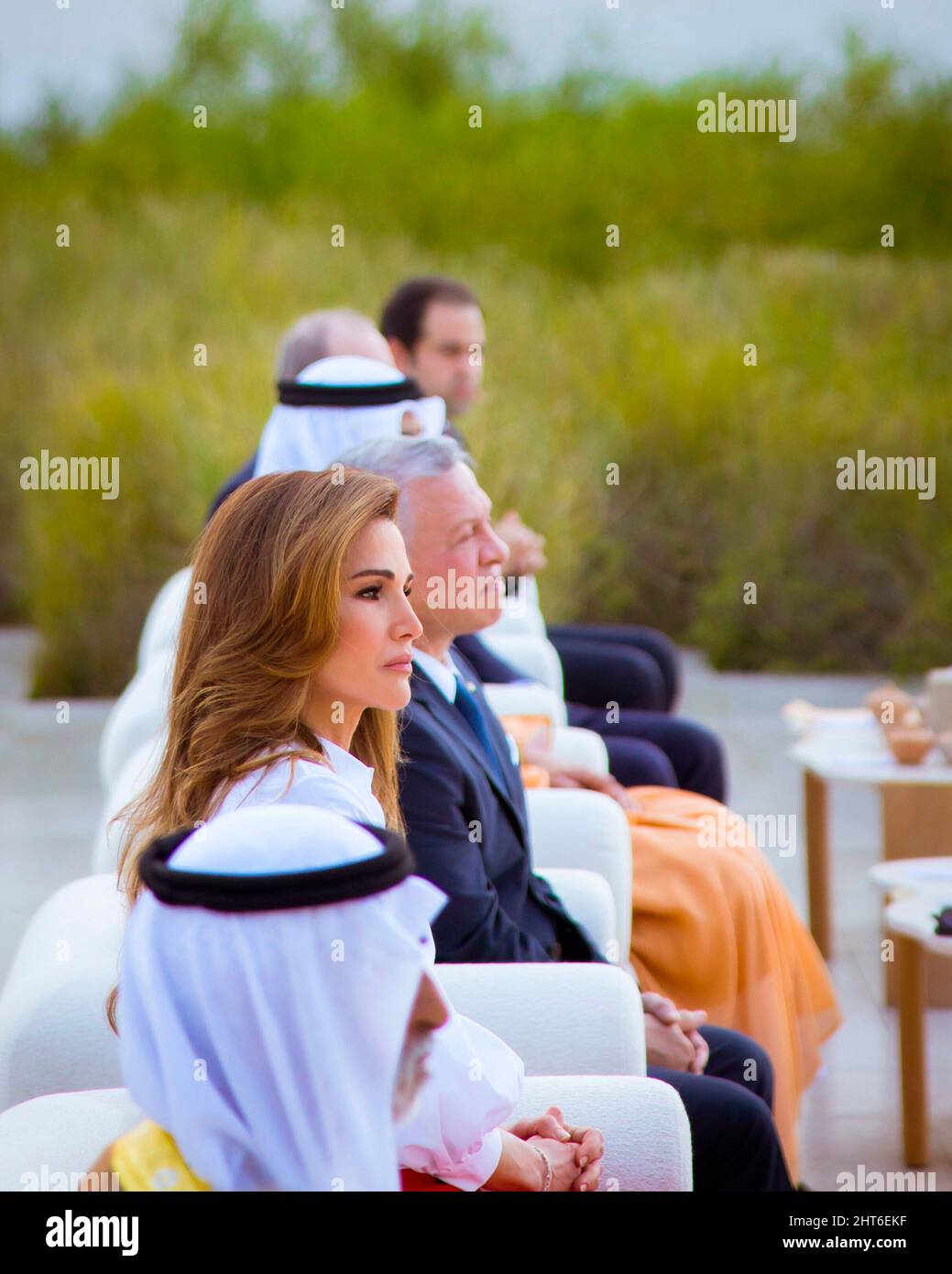 King Abdullah II and Queen Rania of Jordan in Abu Dhabi, on February 26, 2022, to receive ...