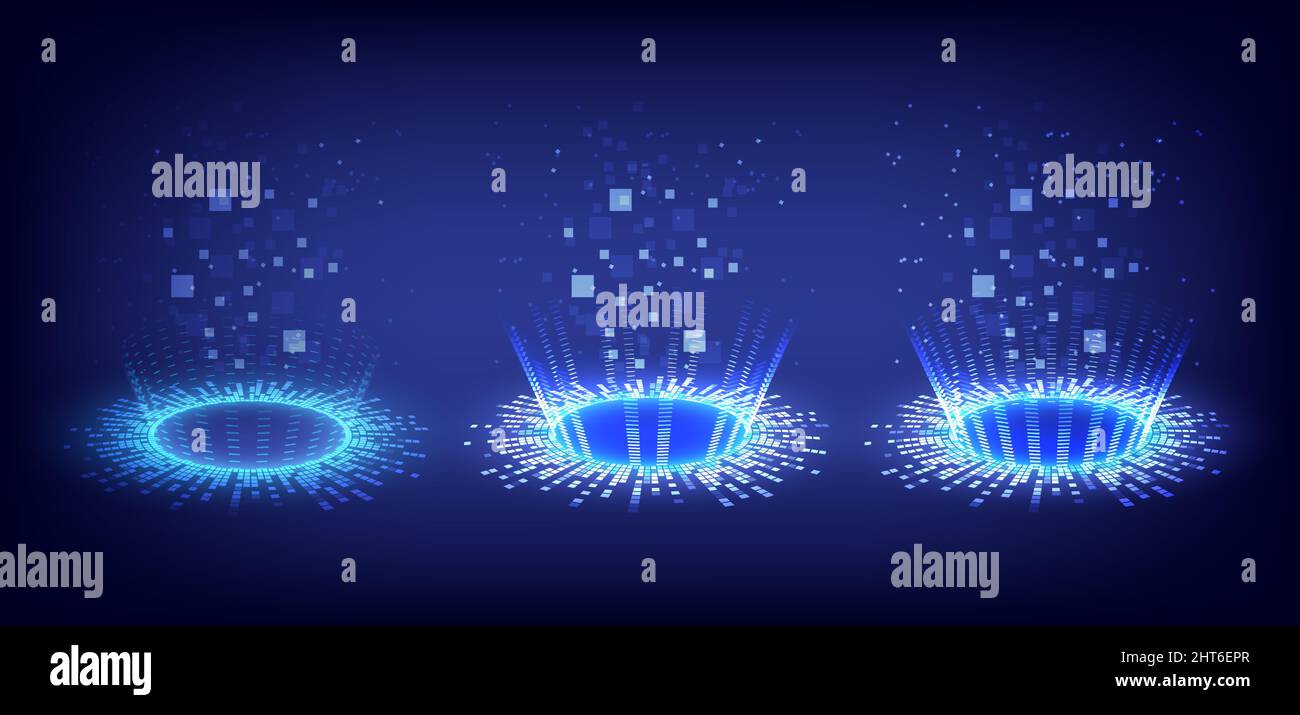Sci-fi high-technology stage collection in glowing HUD. Magic warp gate ...