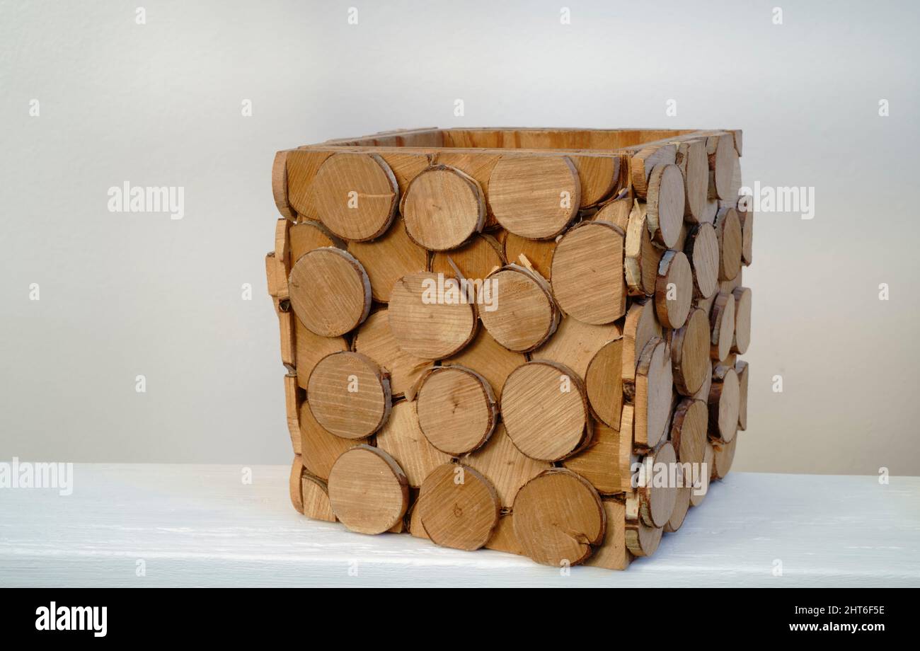 A wooden box made with circles of Silver birch wood Stock Photo - Alamy