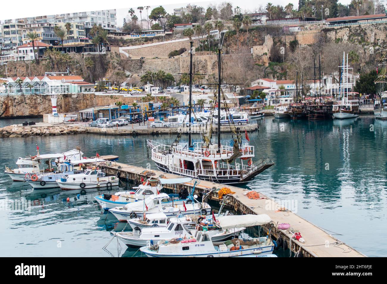 Antalya port harbor with boats and Turkey flags Stock Photo - Alamy