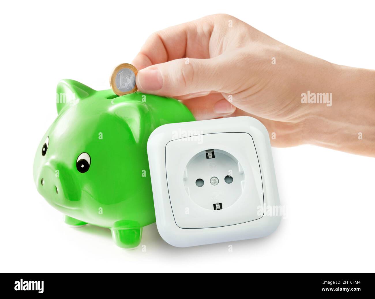 Concept white power plug socket and Euro with green piggy bank and hand ...