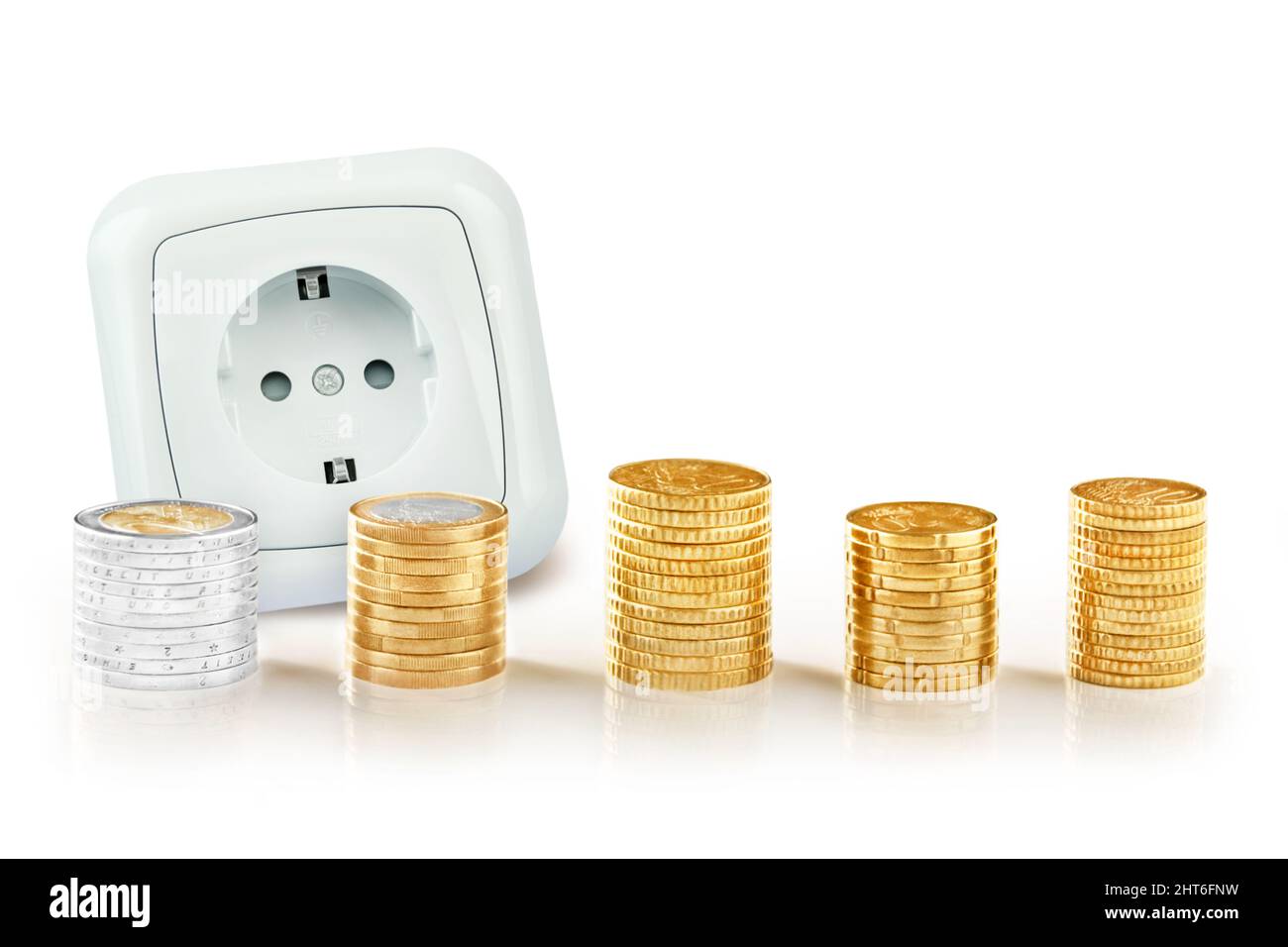 White power plug socket and Euro coins on white background Stock Photo ...