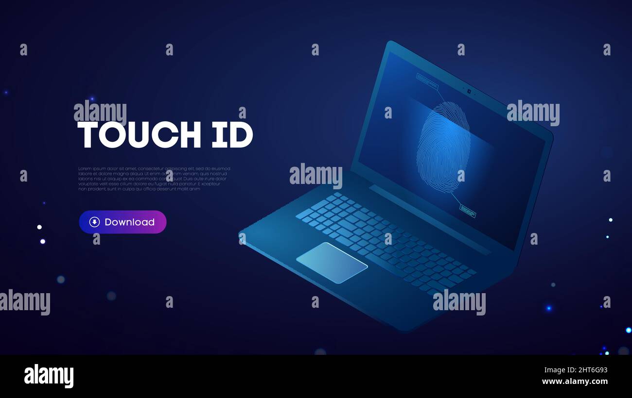 Touch id biometrics. Notebook biometric authentification blue ...