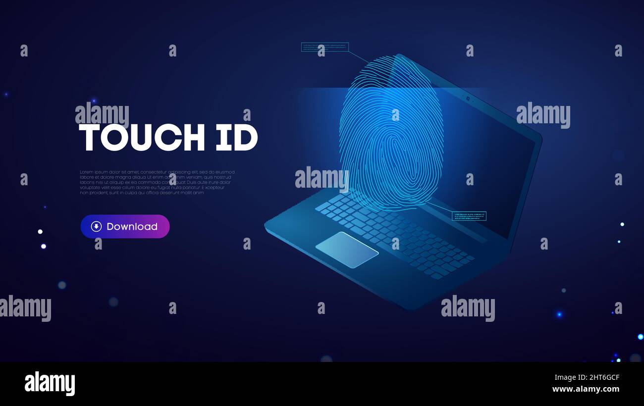 Touch id biometrics. Notebook biometric authentification blue ...