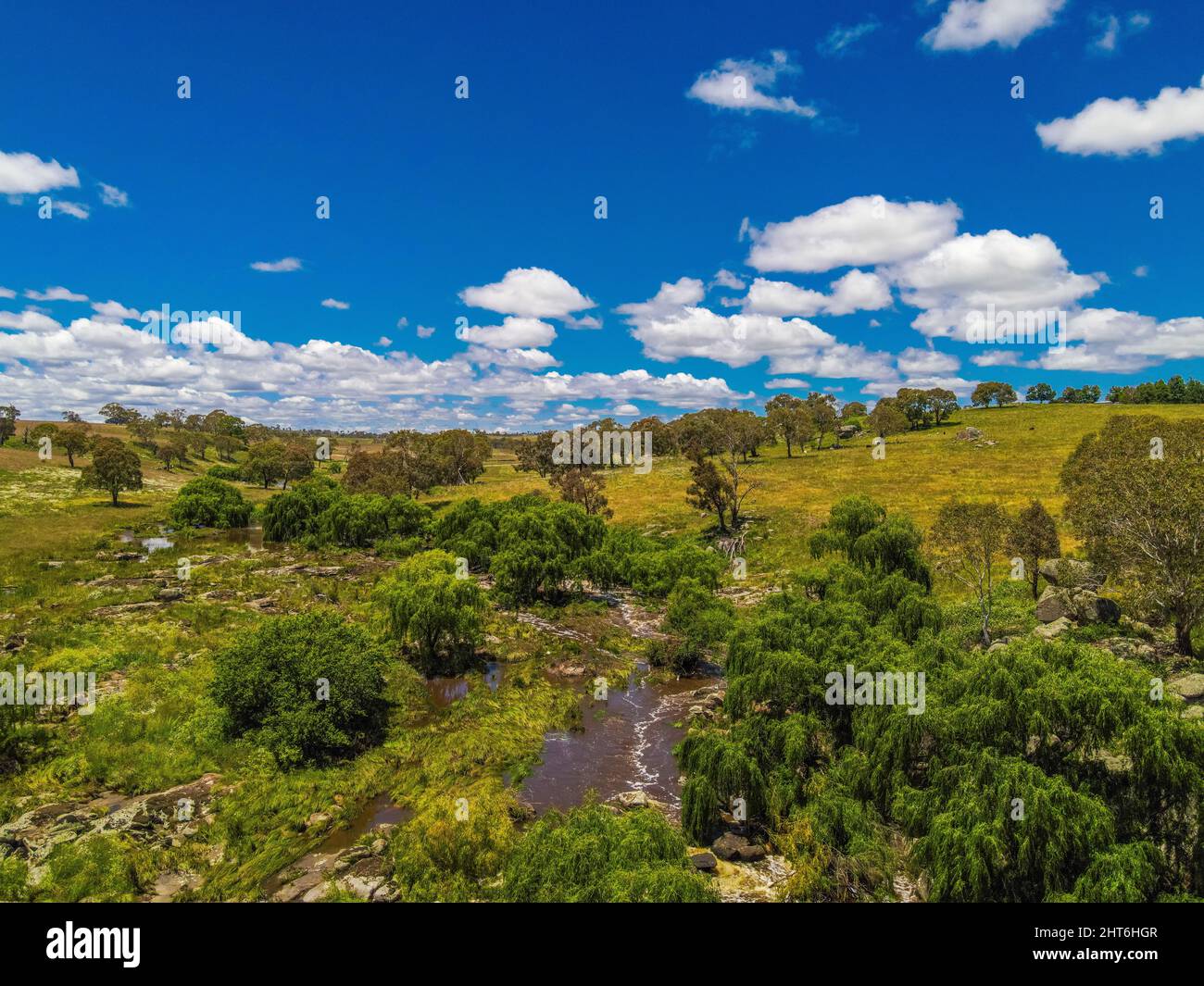 Aerial view of green lands, trees, and the Mann River near Glen Innes ...