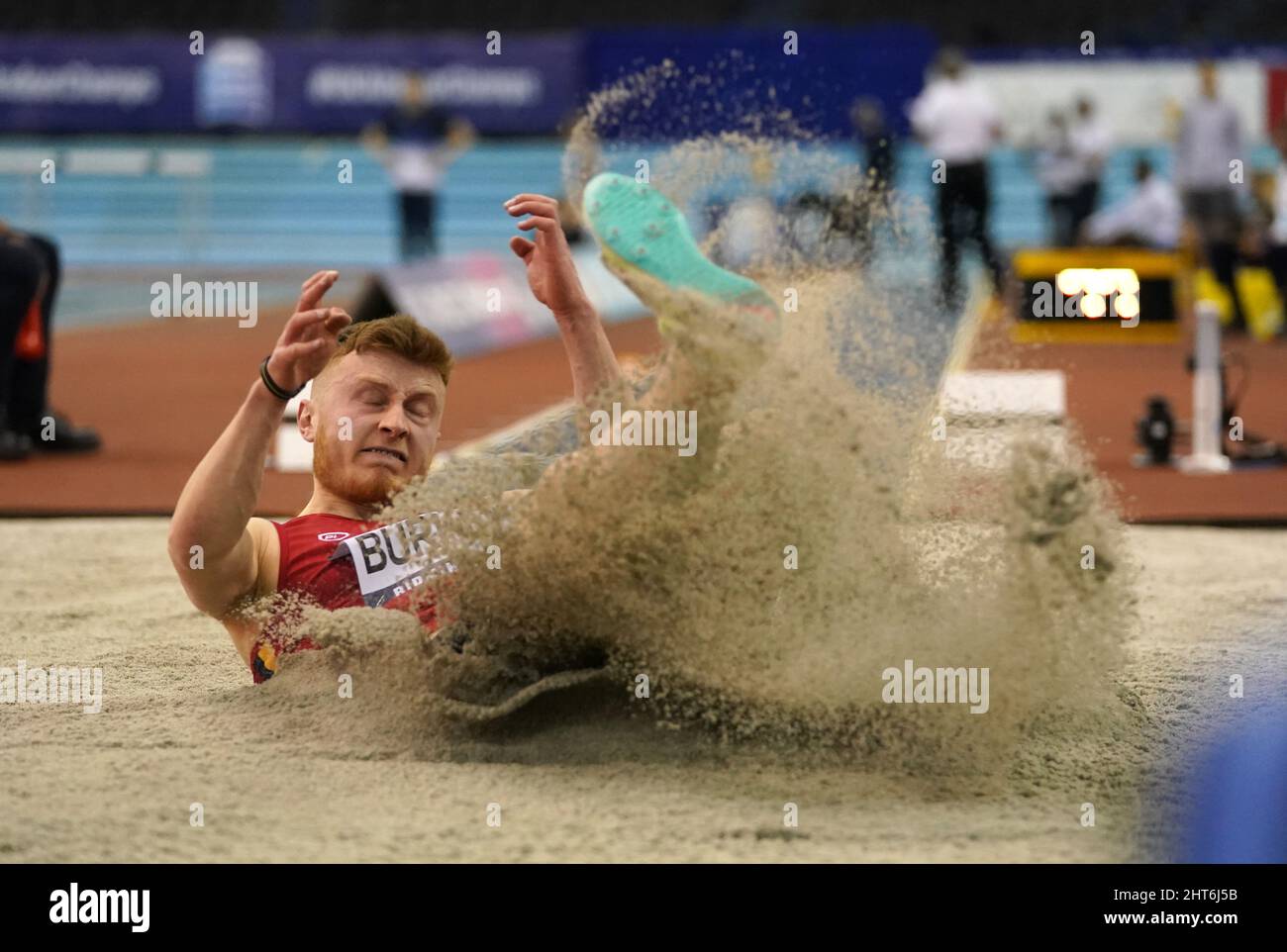 Jake Burkey in the Men's Long Jump during day two of the UK Athletics ...