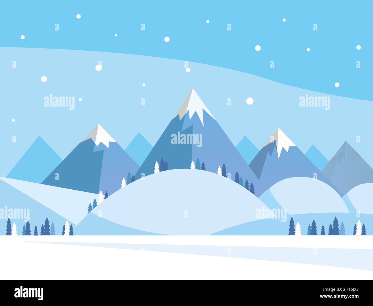 Illustration of snowy hills with conifers, and glaciered peaks in the ...