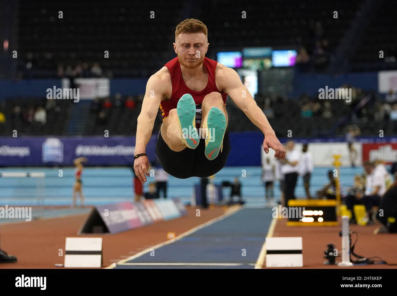 Jake Burkey in the Men's Long Jump during day two of the UK Athletics ...