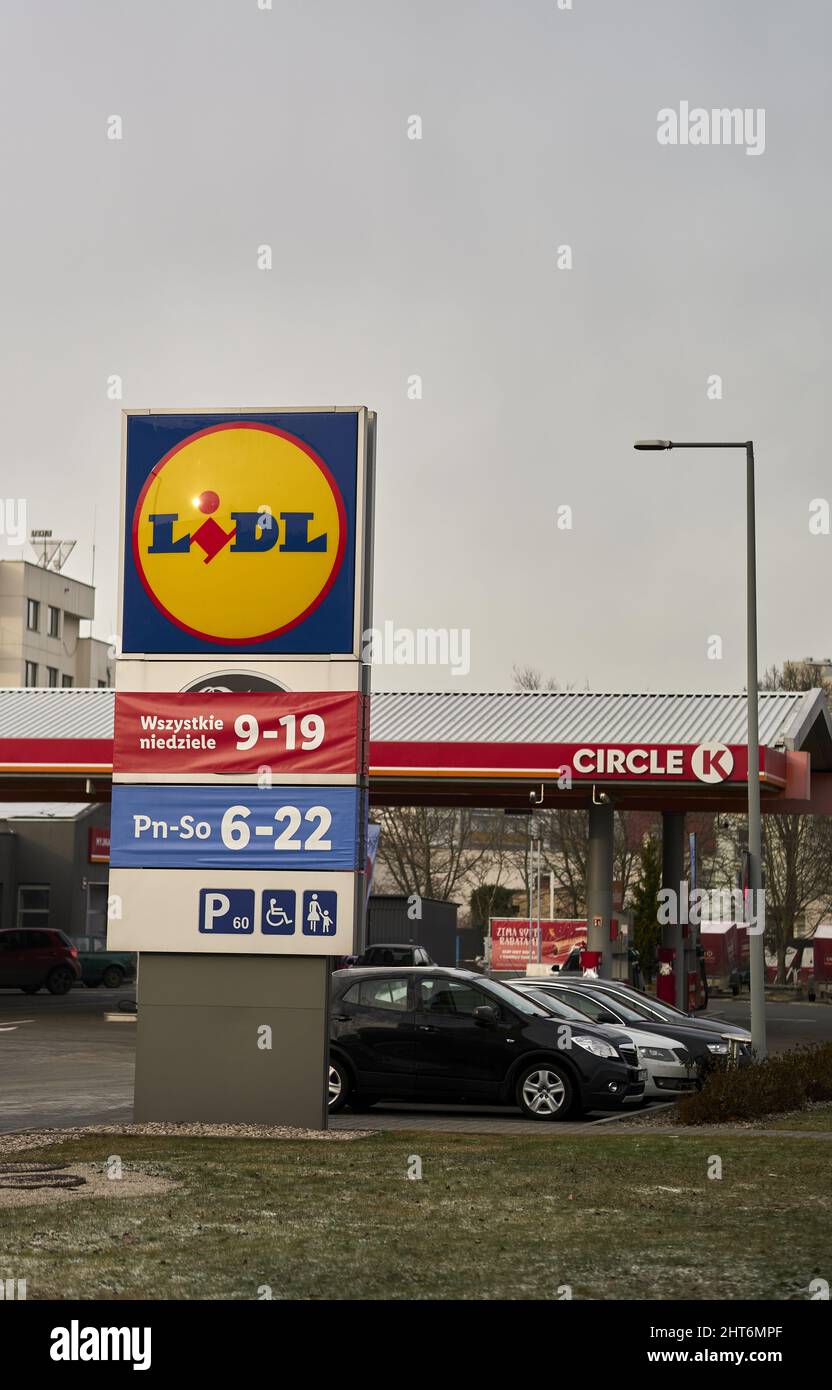 Closeup of a Lidl supermarket board with logo in front of a Circle K ...