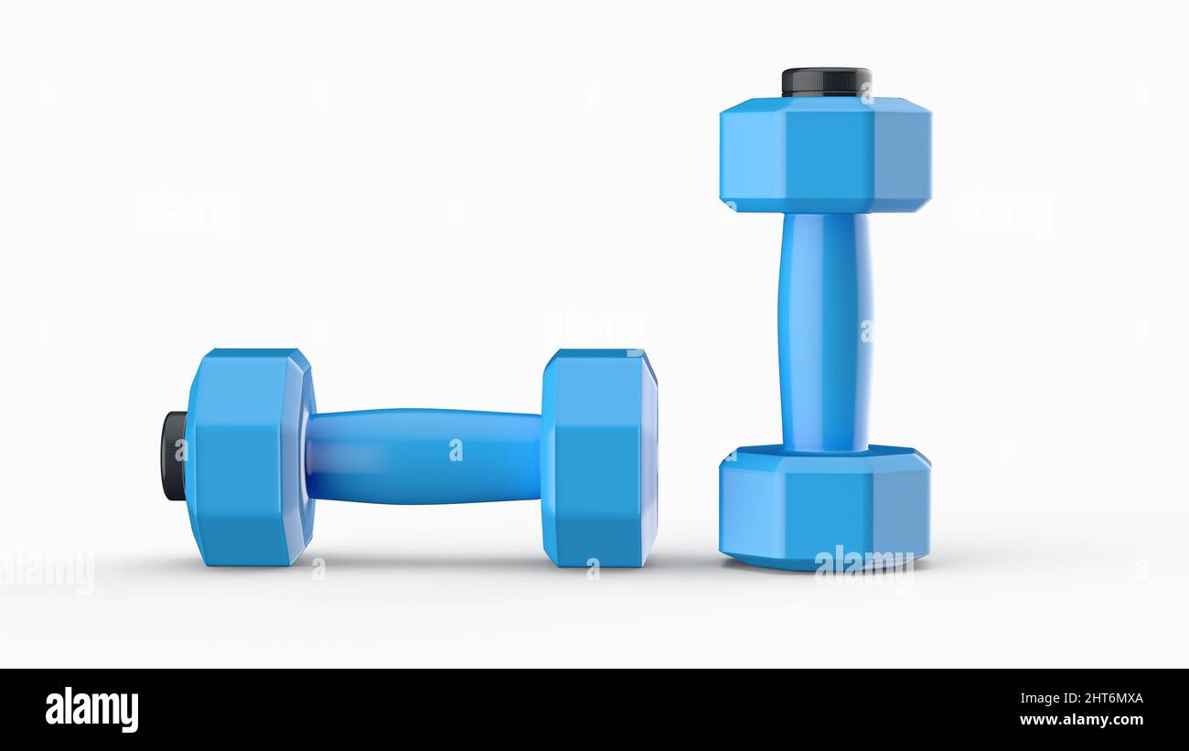 3D illustration of blue dumbbells on the white background Stock Photo - Alamy