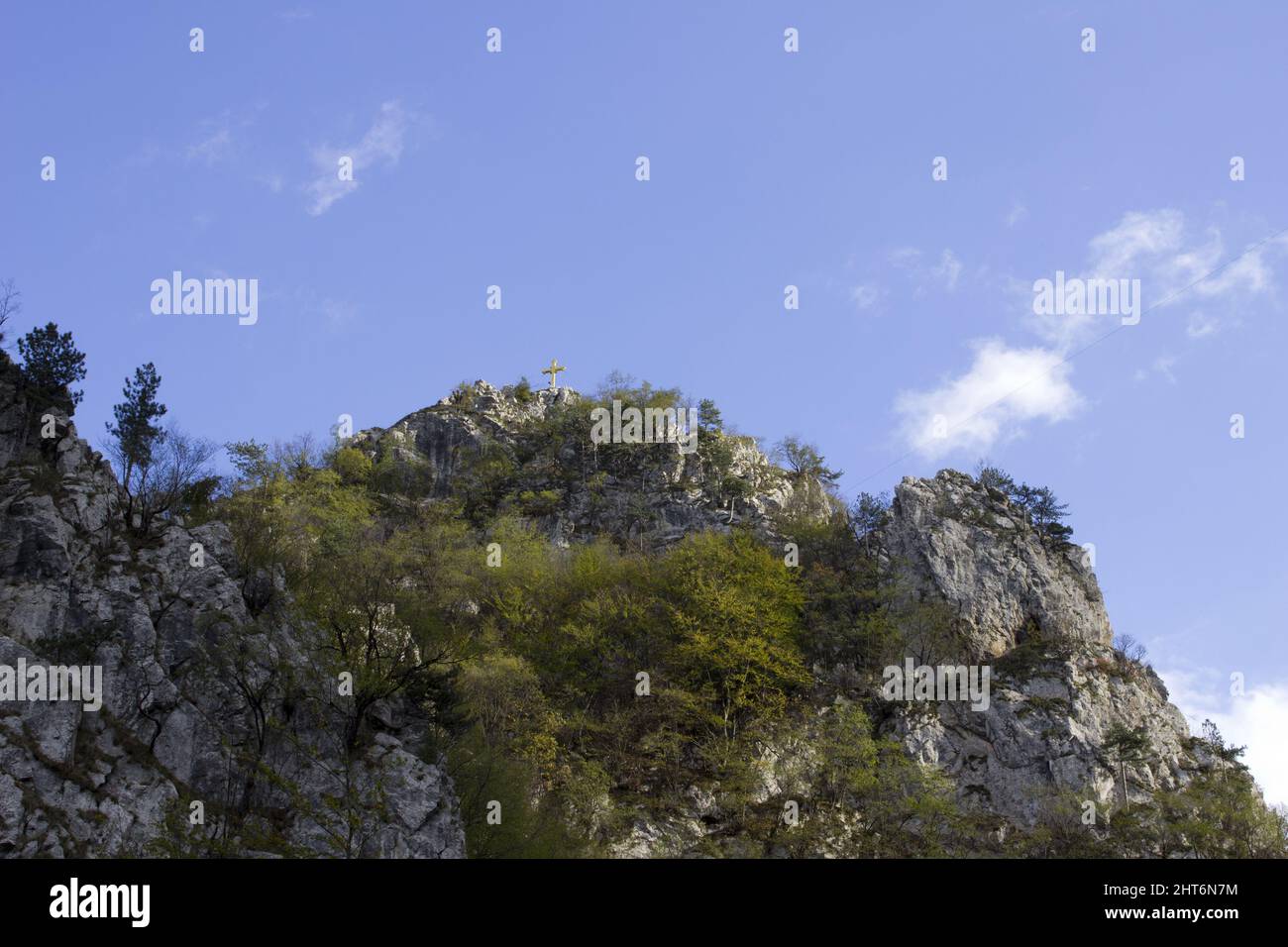 Low angle of a rocky cliff with green plants against a blue sky Stock ...