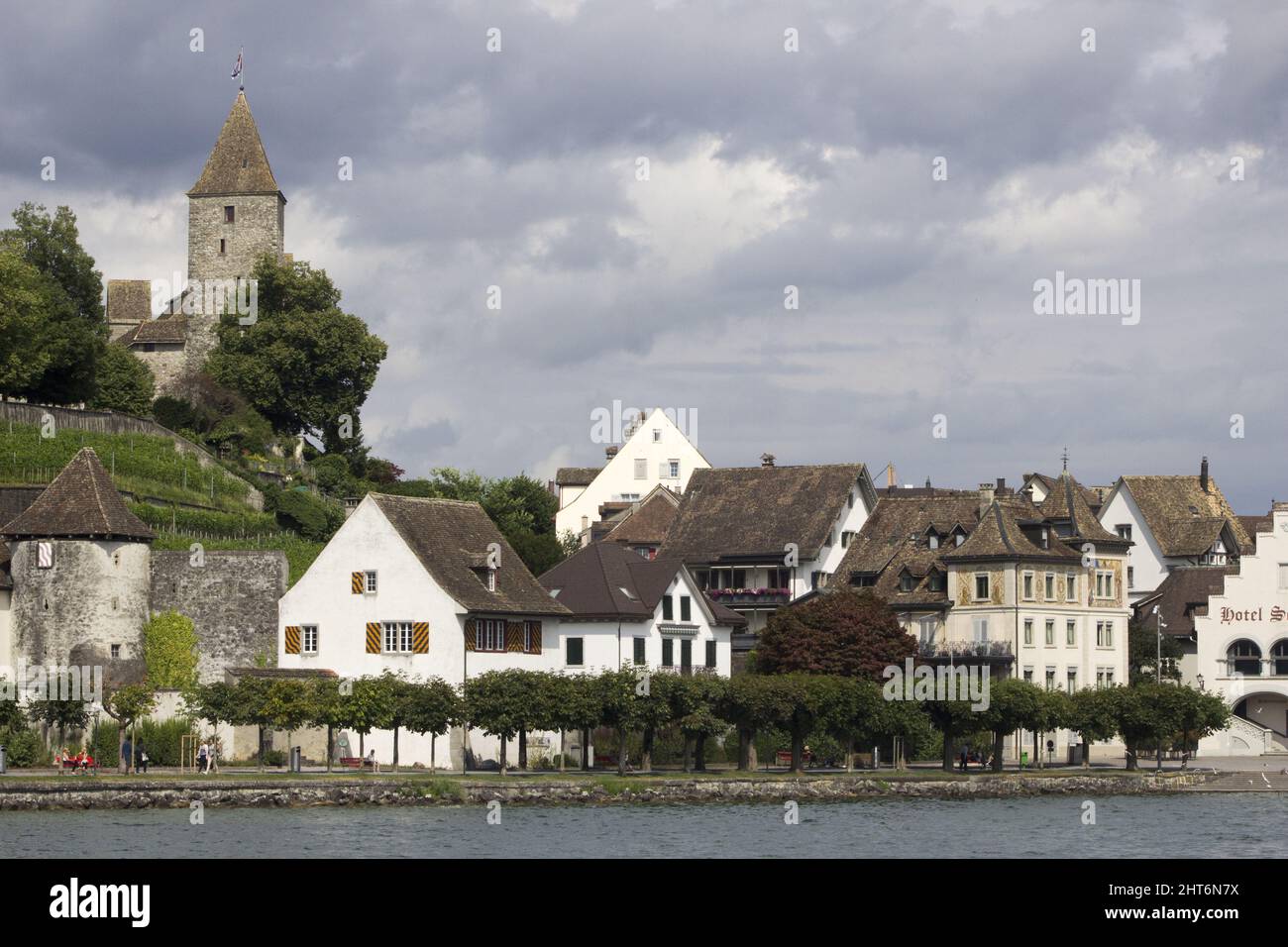 Side view exterior of old homes and buildings in Town Winterthur ...