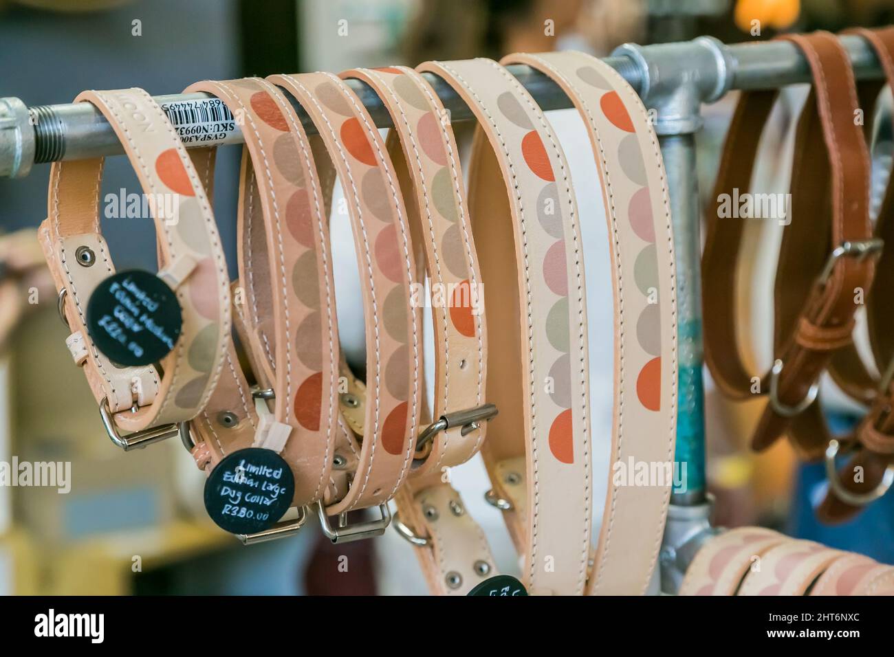 Dog collars on display at exhibitor stand at hand-made design fair in ...