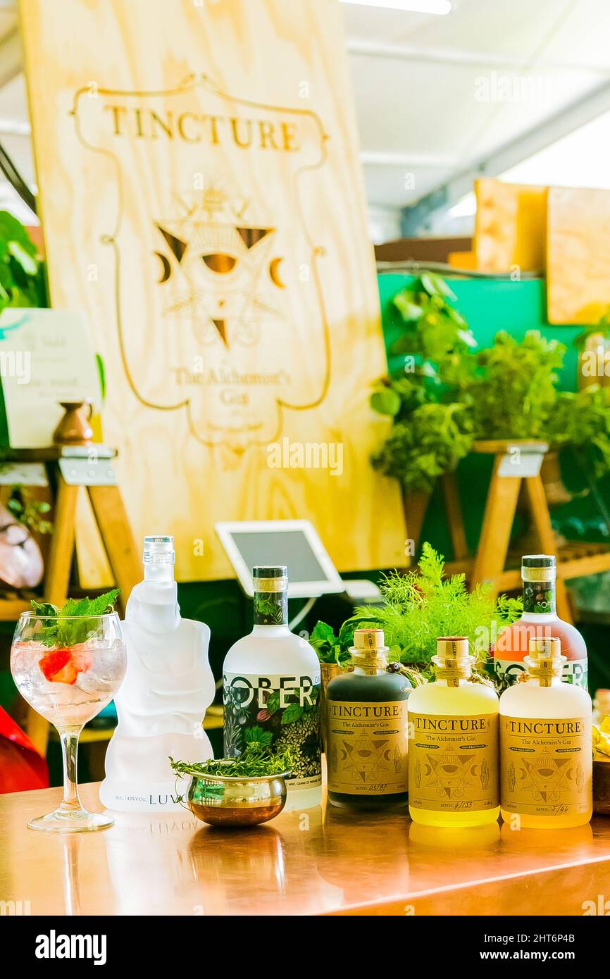 Vertical of alcohol drinks on display at exhibitor stand at hand-made ...