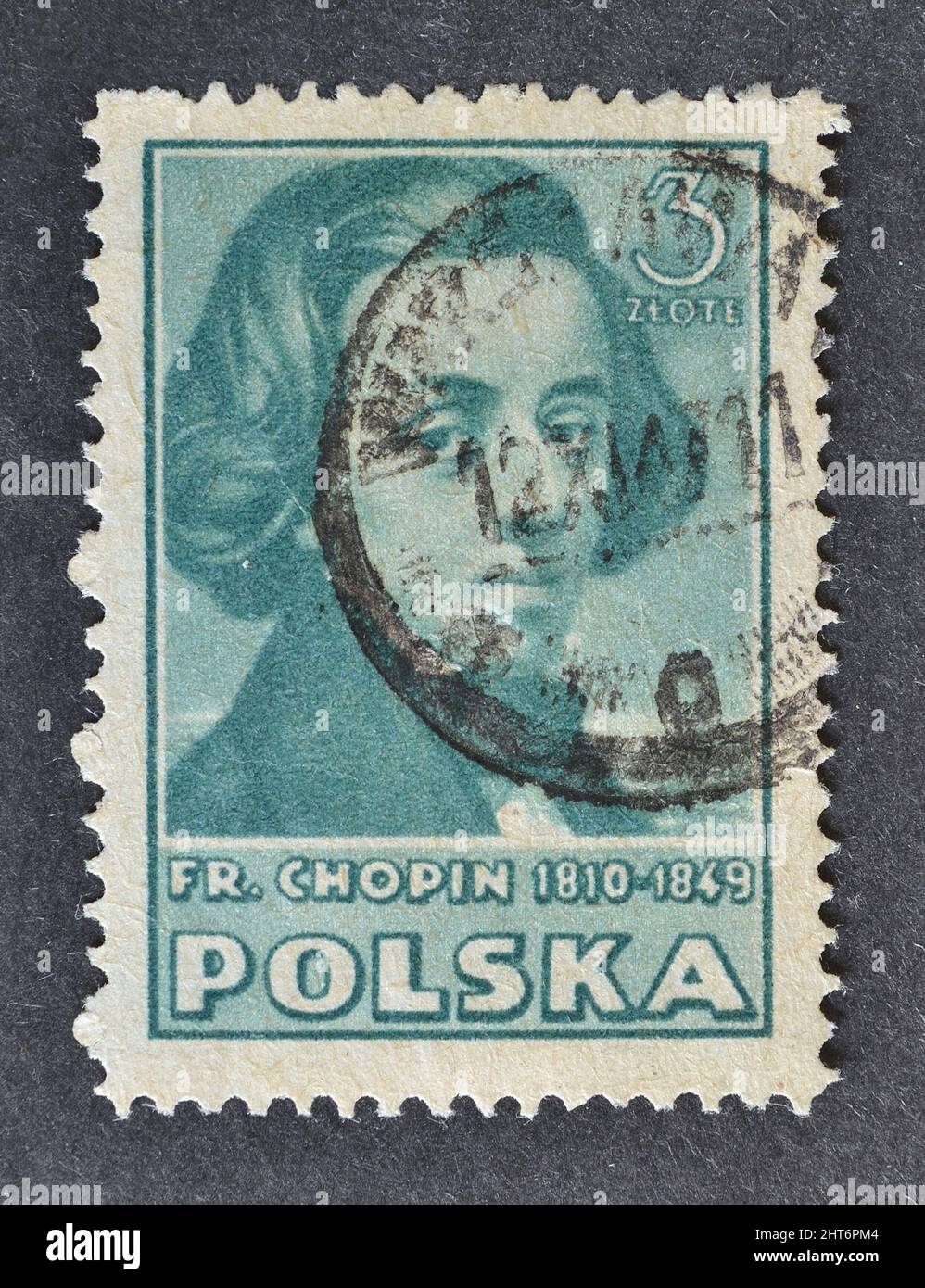 Cancelled postage stamp printed by Poland, that shows portrait of Frederic Chopin (1810-1849 ...
