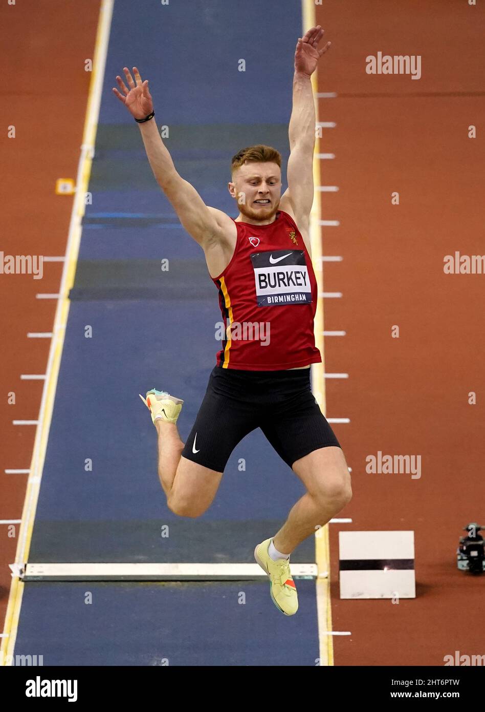 Jake Burkey in the Men's Long Jump during day two of the UK Athletics ...